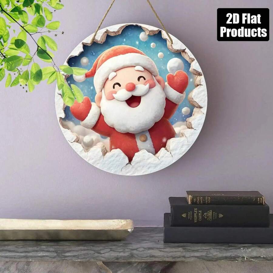2D Flat Printed Wooden Board, 1 Piece, Santa Claus Theme Round Wooden ...