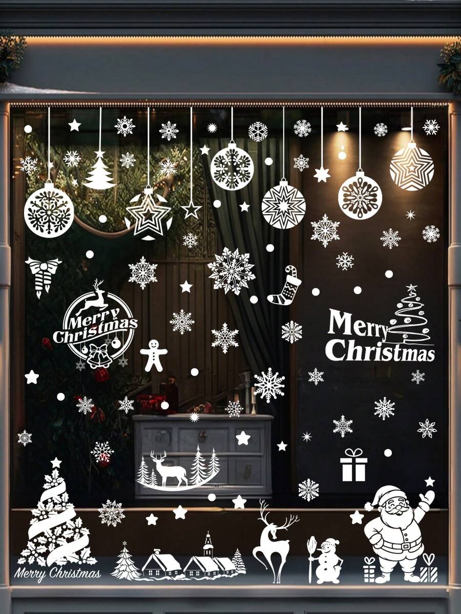 9pcs White Christmas Window Stickers Features Simple Snowflakes, Santa ...