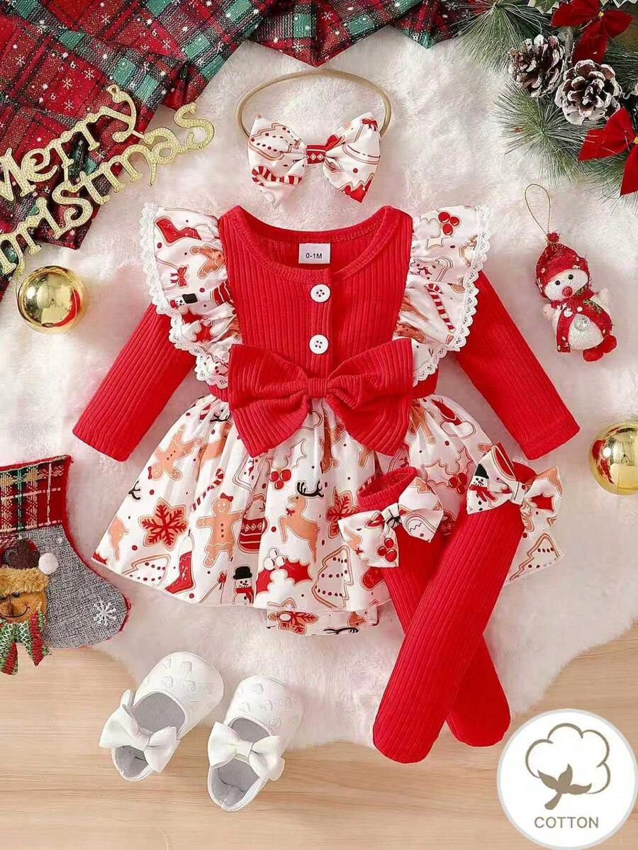 3Pcs/Set Newborn Baby Girls' Cute Red Ribbed Patchwork Gingerbread Man ...