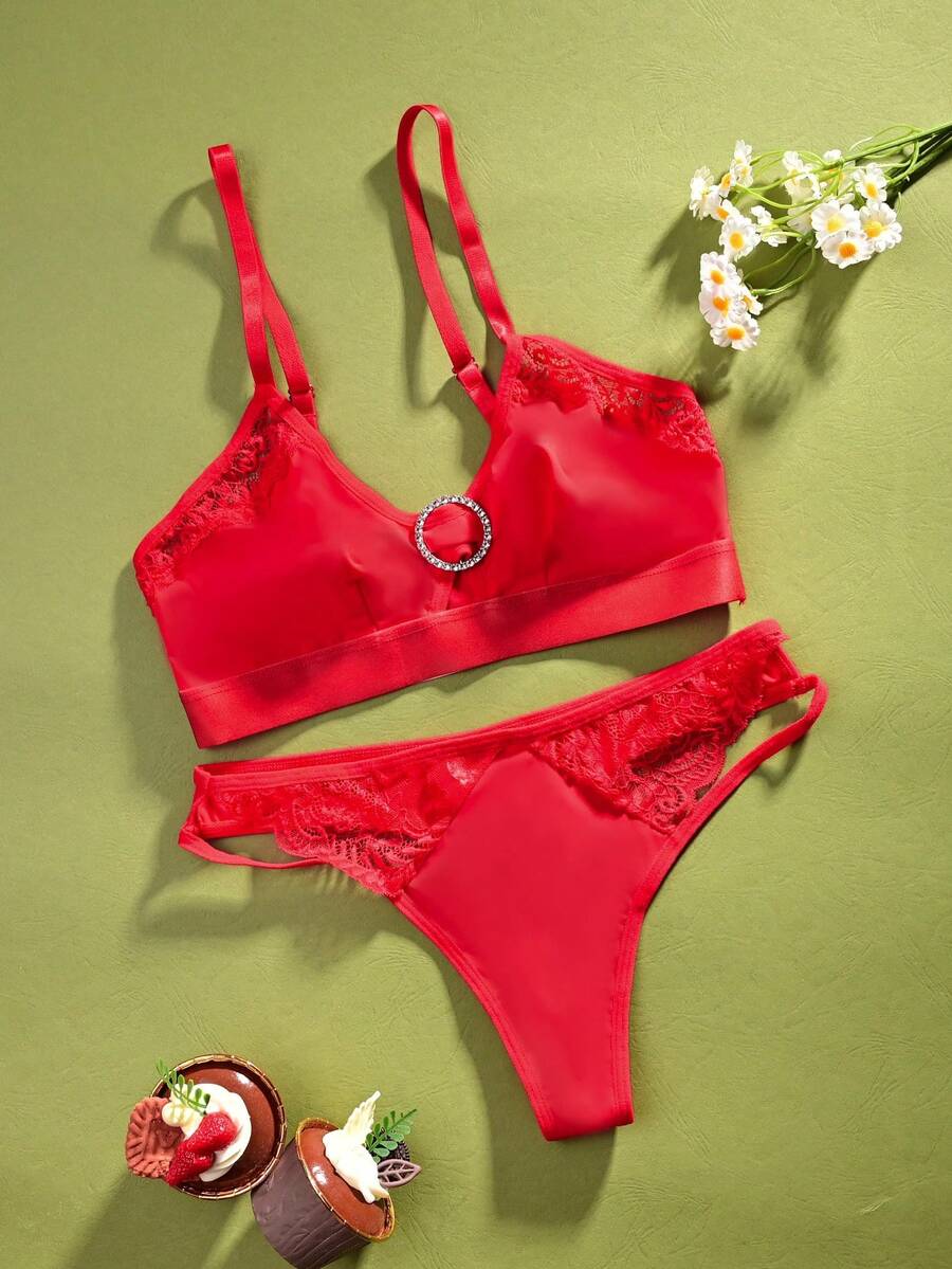 1 Set - Sexy BH-Set für Damen, einfarbiges Spitzen-Patchwork-Ring-Dekor ...