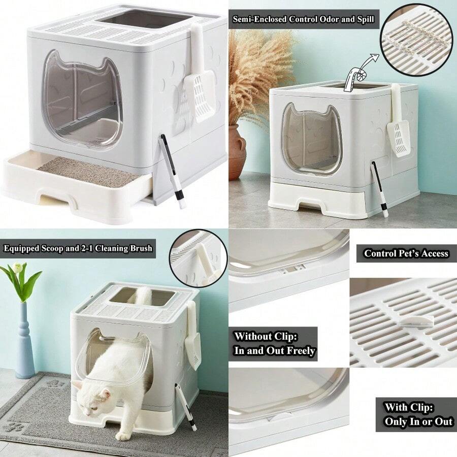 Foldable Cat Litter Box With Lid Top Enter Kitten Litter Boxes Drawer ...
