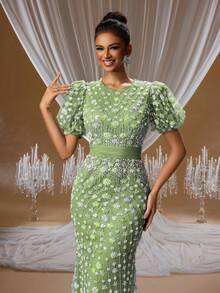 GIFORU Royal Blue Mermaid Gown With Floral Beading & Vintage Puffed ...