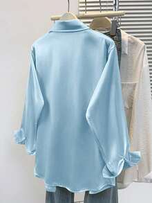 Women's Solid Color Satin Shirt - Collared Button-Down Business Casual ...