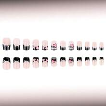 Black French Heart-Shaped Design Medium-Length Silver Line Embellished ...