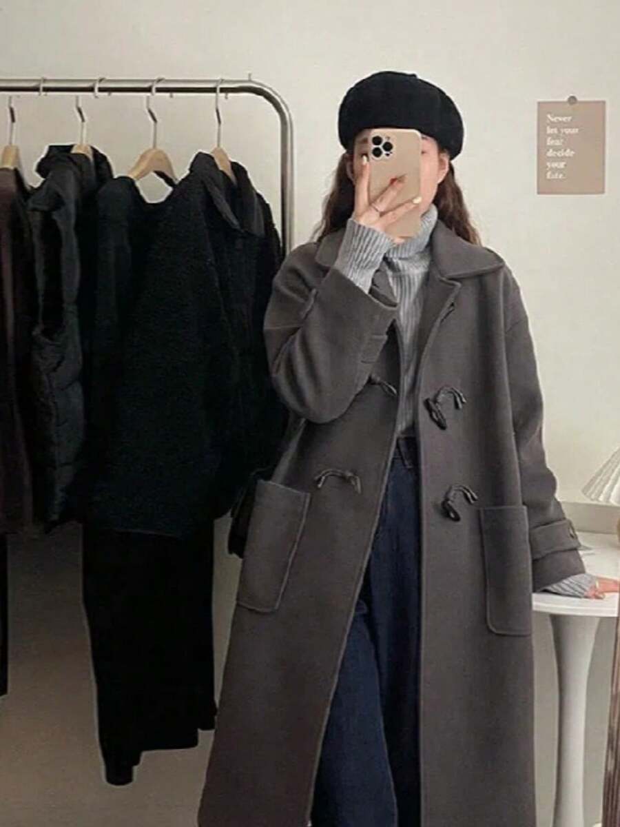 Women's Wool Coat With Square Button Toggle, Medium Length, Thick ...