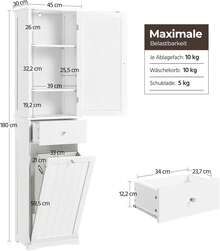 180 cm hoher Badezimmerschrank mit Wäschekorb, Schublade und Tür ...