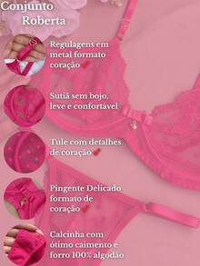 Conjunto de Sutiã e Calcinha Sem Bojo com Renda e Tule de Coração ...