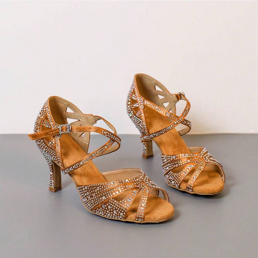 Sapatos de Dança Marrons com Salto de 7,5 cm e Strass para Mulher ...