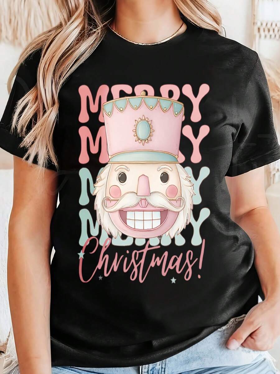 Women Short Sleeve T Shirt Merry Christmas Nutcracker Print Festive ...