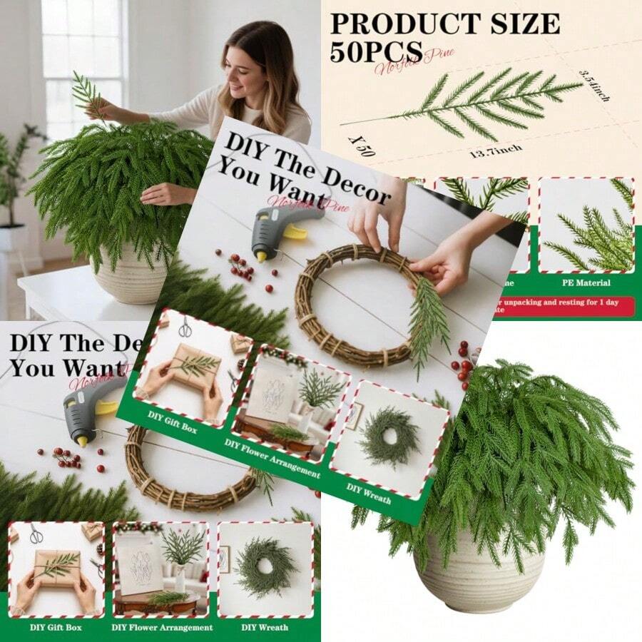 50 Pcs Artificial Norfolk Pine Stems Real Touch Faux Greenery Picks For ...