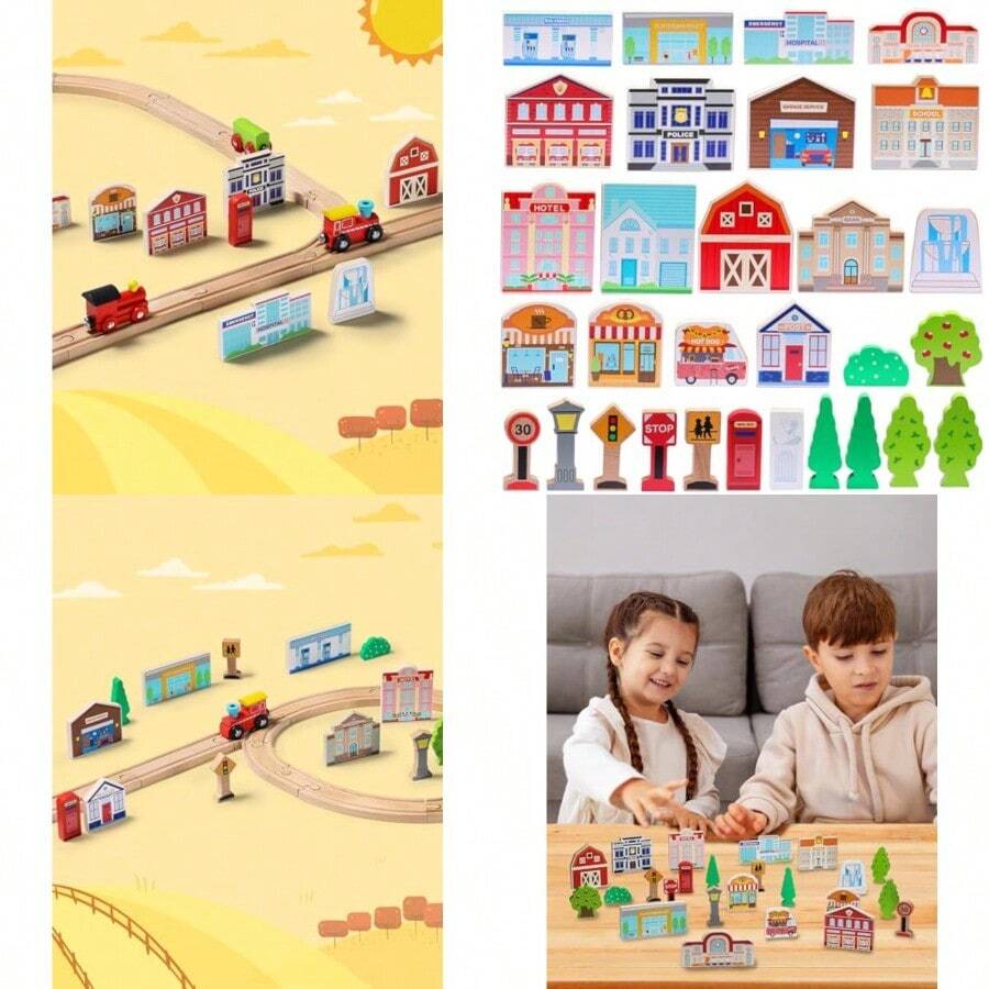 SainSmart Jr. 30 Pcs Wooden Town Play Set Wooden Train Accessories ...