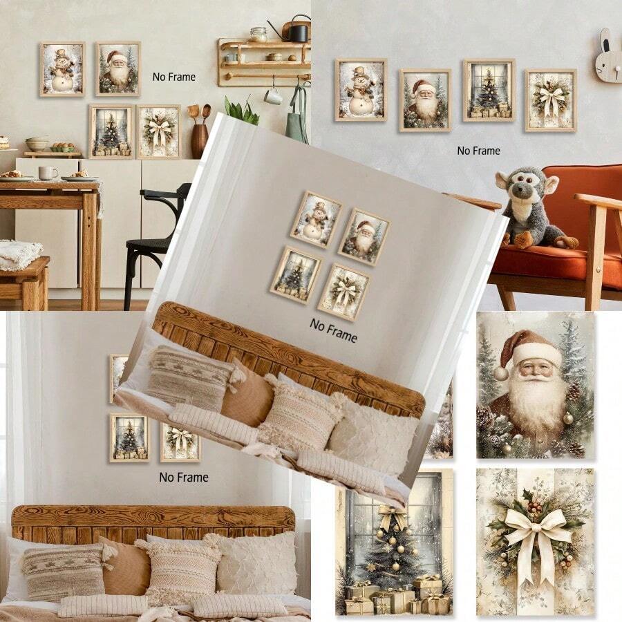 KSDUT Vintage Christmas Wall Art Decor Set Of 4 - Retro Winter Holiday ...