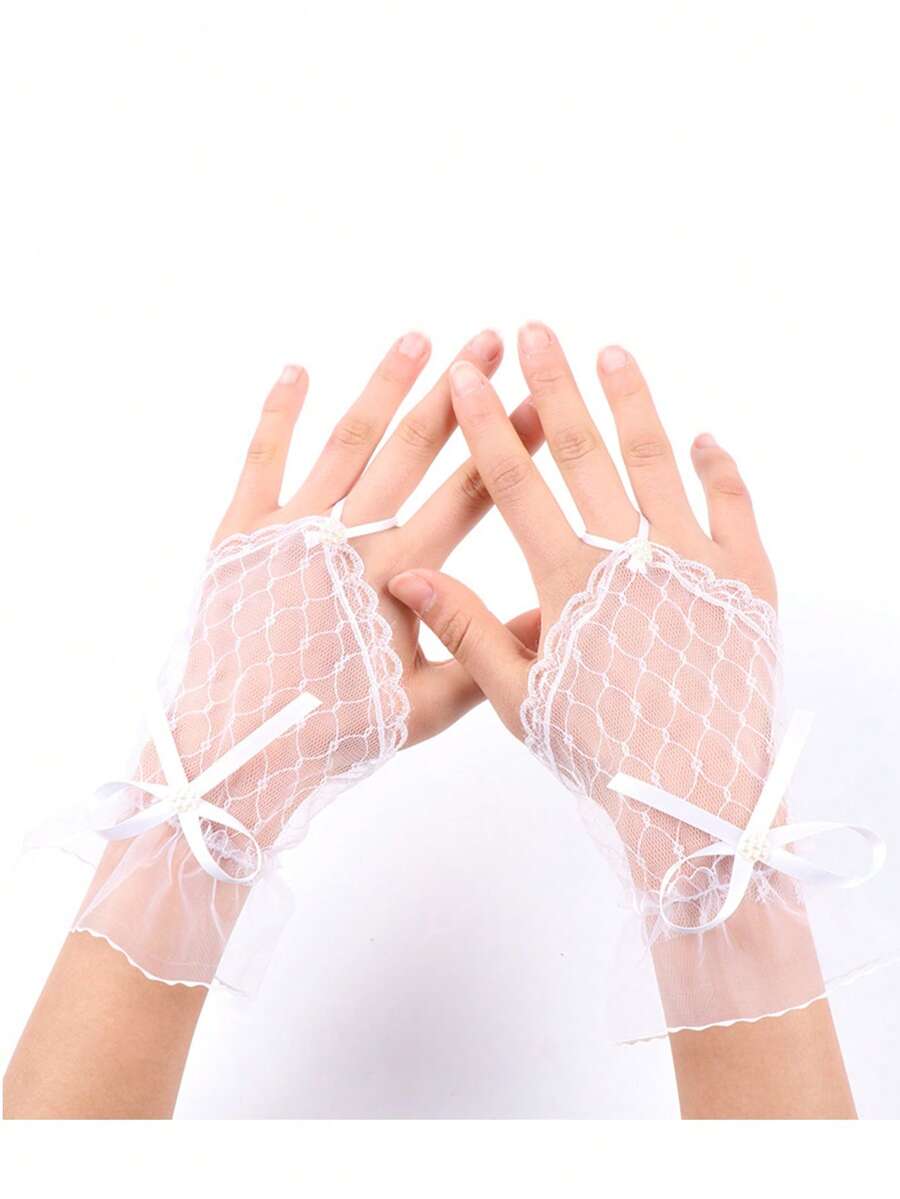 1 Pair Faux Pearl Flower Fingerless Gloves, Hollow Mesh Lace Elegant ...
