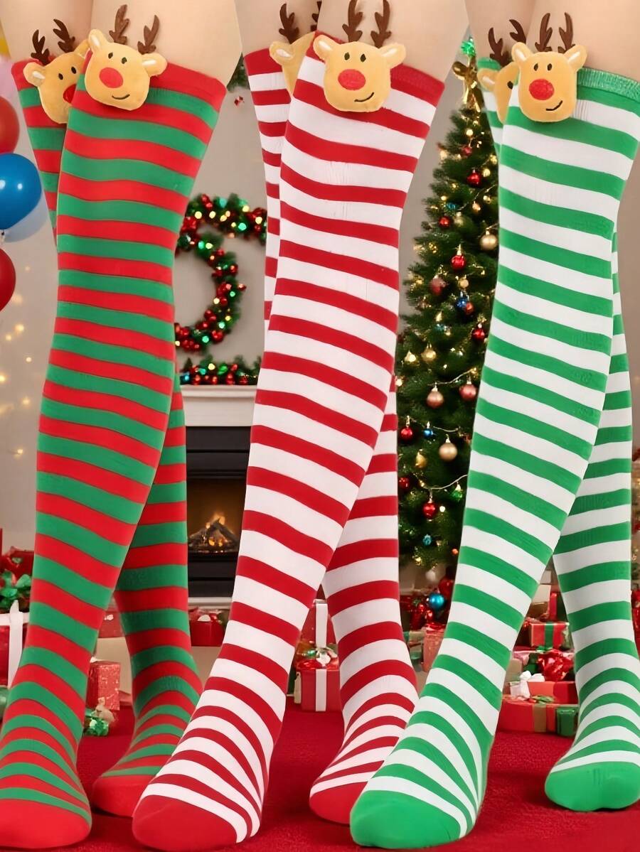 Women's 1-Pair Autumn/Winter Christmas Reindeer Accent Over-The-Knee ...