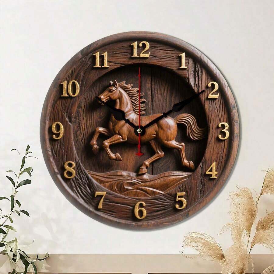 Wooden Clock Vintage Wooden Round Wall Clock Horse Pattern Design Retro ...