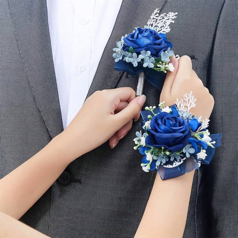 Wrist Corsage And Boutonniere Set Artificial Blue Rose Bracelet ...