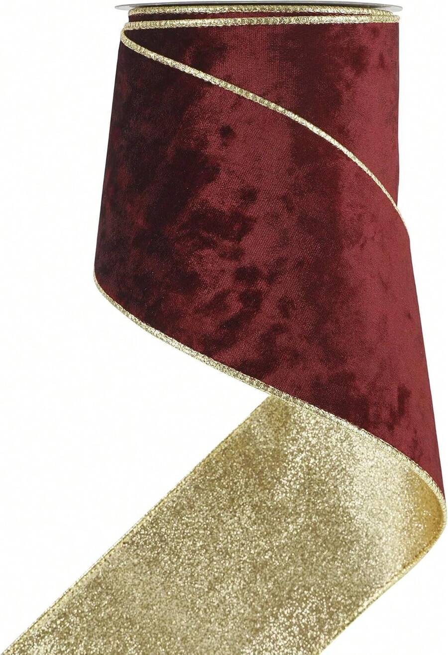 4 Inch Dark Wired Ribbon Rust Ribbon With Gold Glitter Christmas Ribbon ...