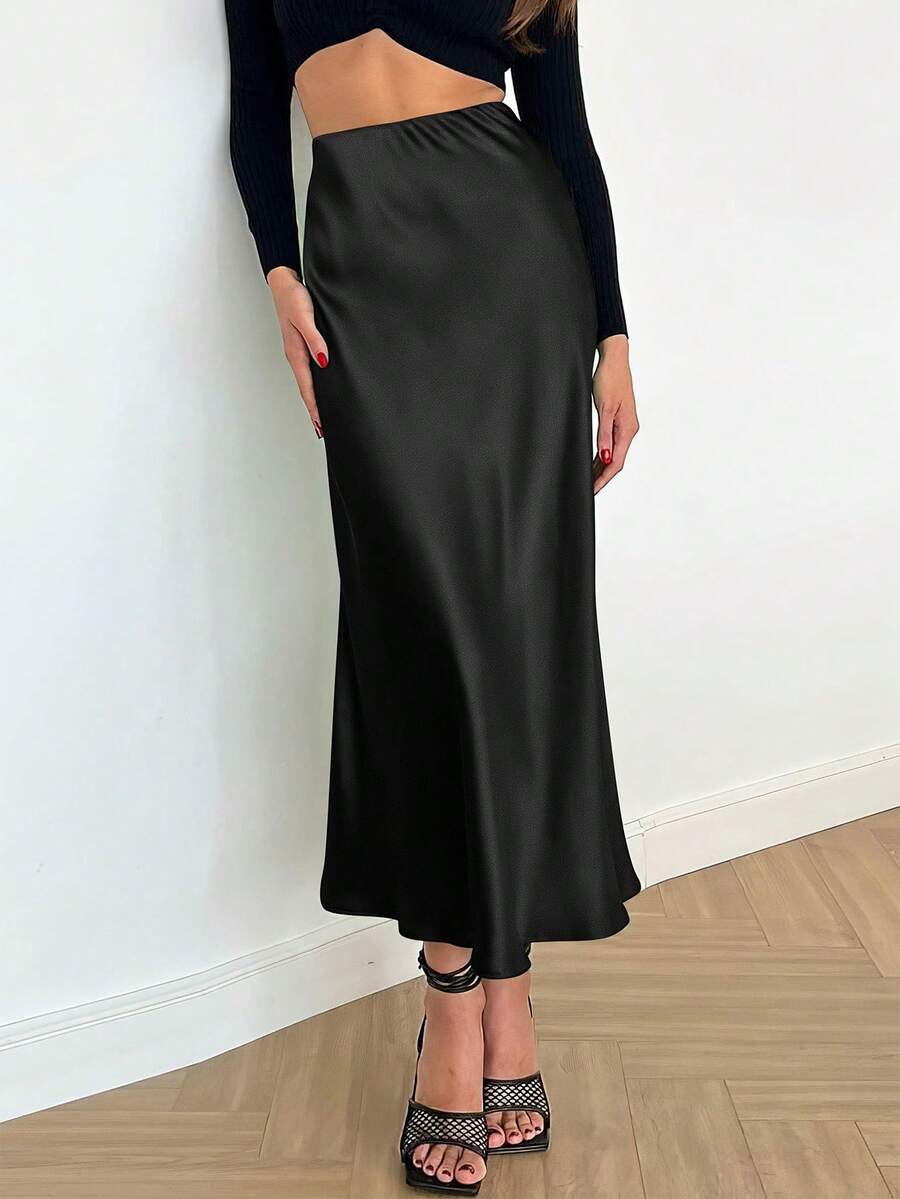 Women's Satin Silk High Waist Flare A-Line Midi Skirt Solid Color ...
