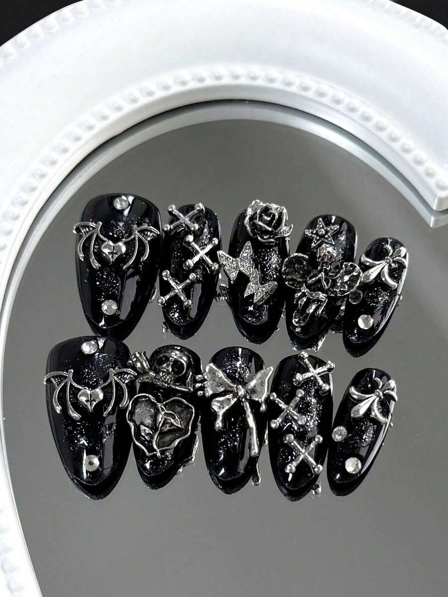 10 Long Almond Shaped Press On Nails, Adorned With Dark Punk Halloween ...