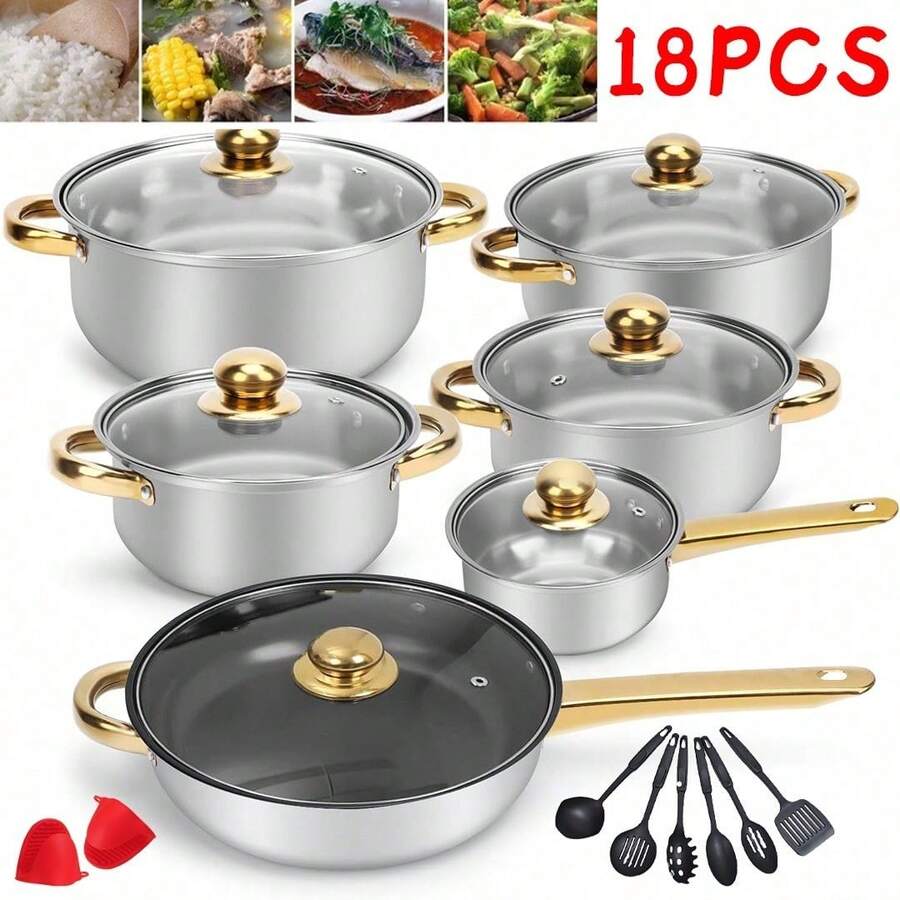 18PCS Induction Non Stick Stainless Steel Cookware Cooking Pot Pan With ...