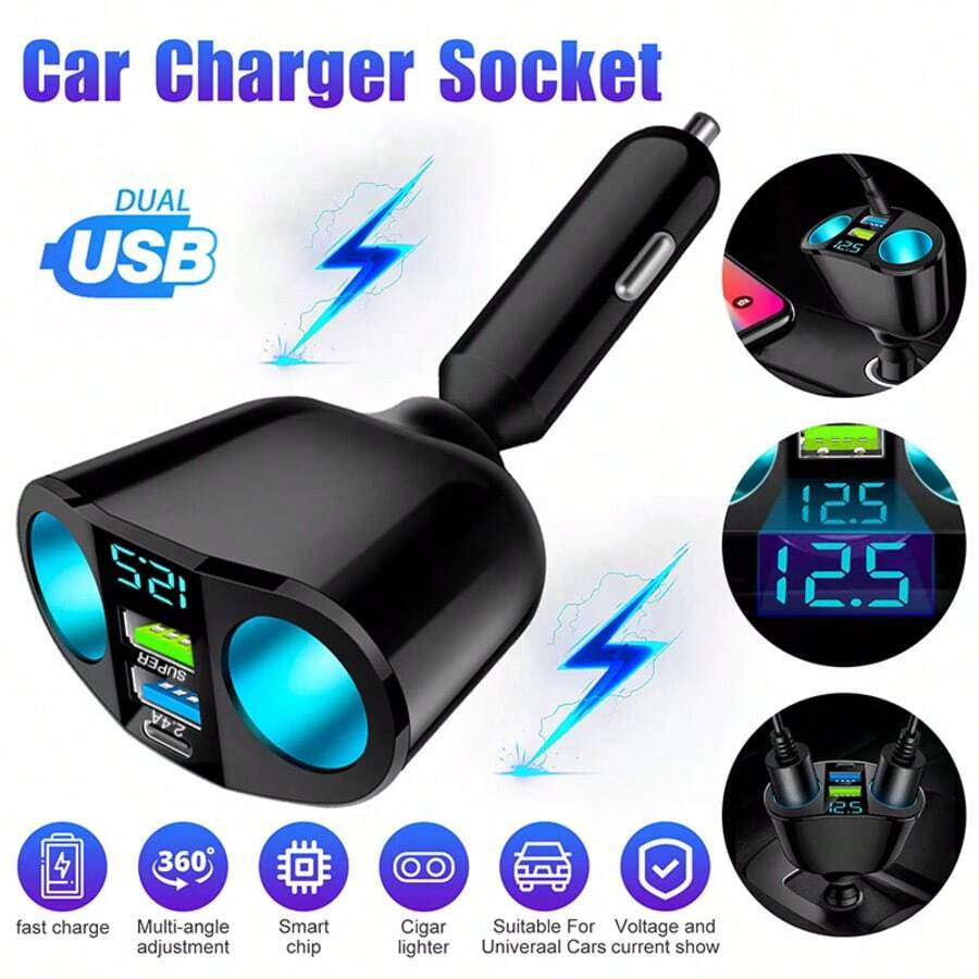 ANNJIATUU 3 Ports Car Charger PD Type C Fast Charging Car Cigarette ...