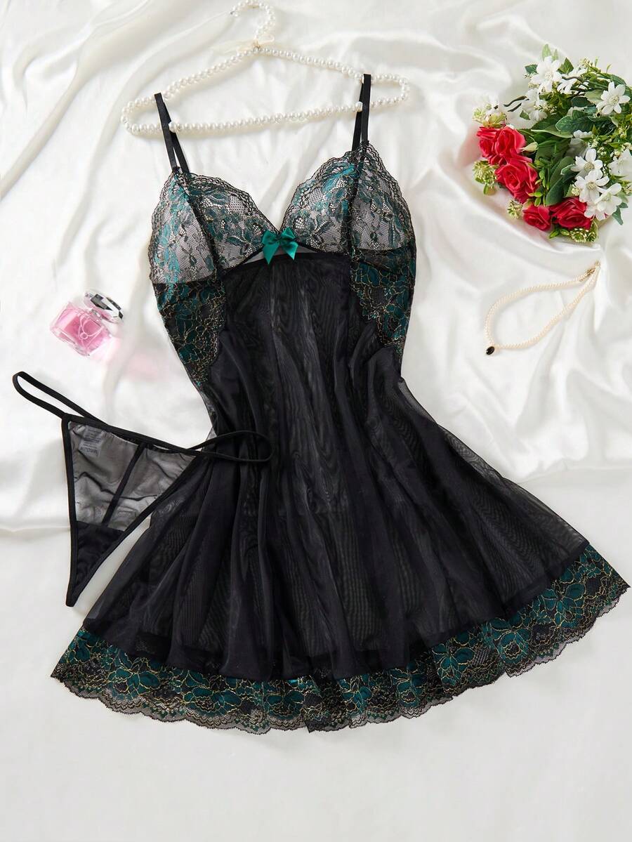 2PCS Women's Black And Green Lace Sexy And Erotic Nightgown, Gold Lace Interwoven Floral Daily ...