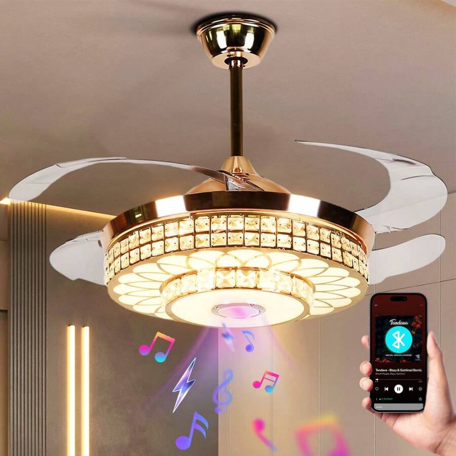 42 Inch Golden Crystal Tri Color Music Invisible Fan Light ( With ...