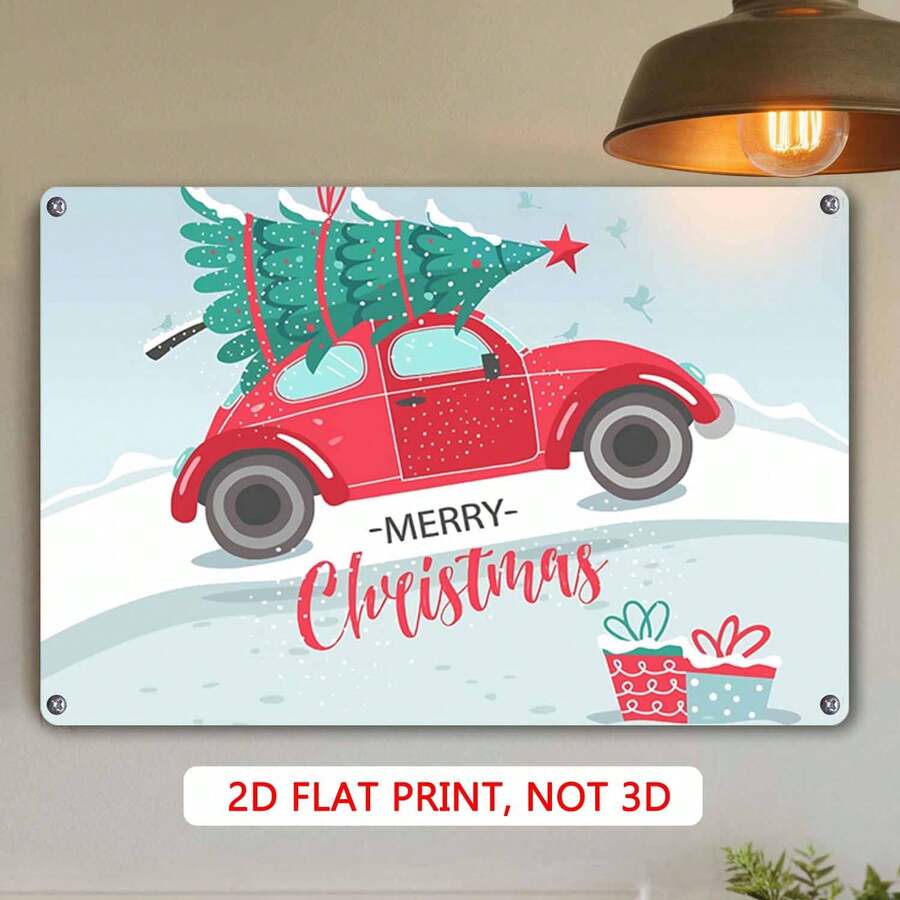 1PCS Christmas Metal Tin Decorative Sign Plaque Red Car With Christmas ...