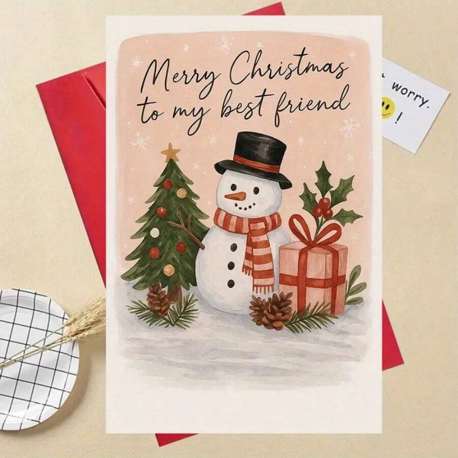 1pc 2025 Christmas Card For Best Friend - Snowman & Christmas Tree ...