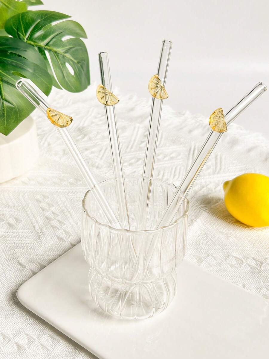 1Pc/1Set Yellow Reusable Glass Straws With Lemon Slices Decorations ...