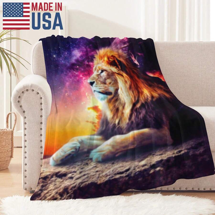 1pc Lion For Galaxy Sky Flannel Throw Blanket - Lion & Cosmic Nebula ...