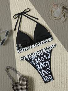2pcs Letter Color Block Sexy Lace-Up Back Bikini Swimsuit, Spring ...