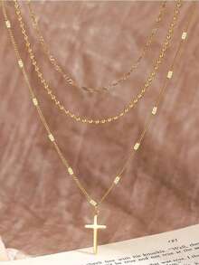3pcs/Set Creative Multi Layered Cross Necklace, Gold Stainless Steel ...