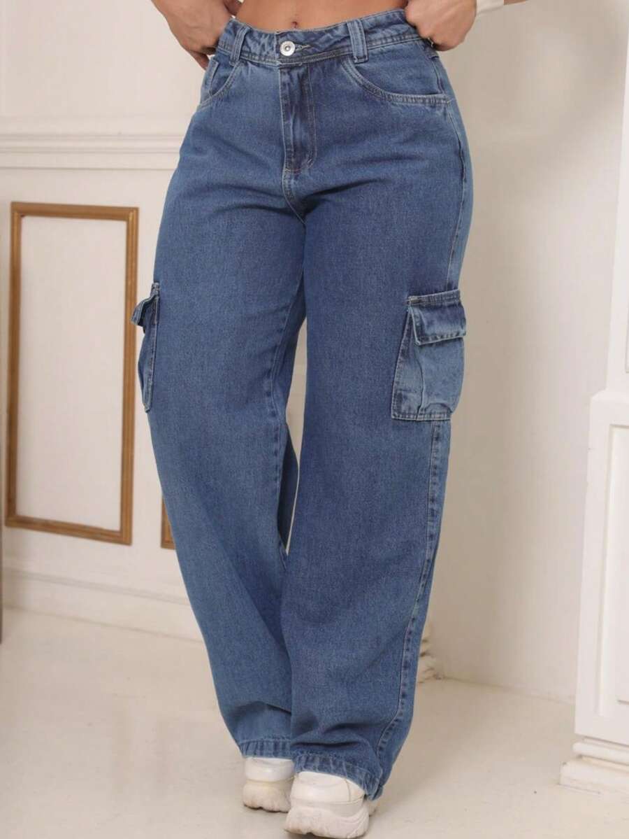 WIDE LEG FEMININA CARGO CINTURA ALTA 100% JEANS LANÇAMENTO CAMAROTE ...