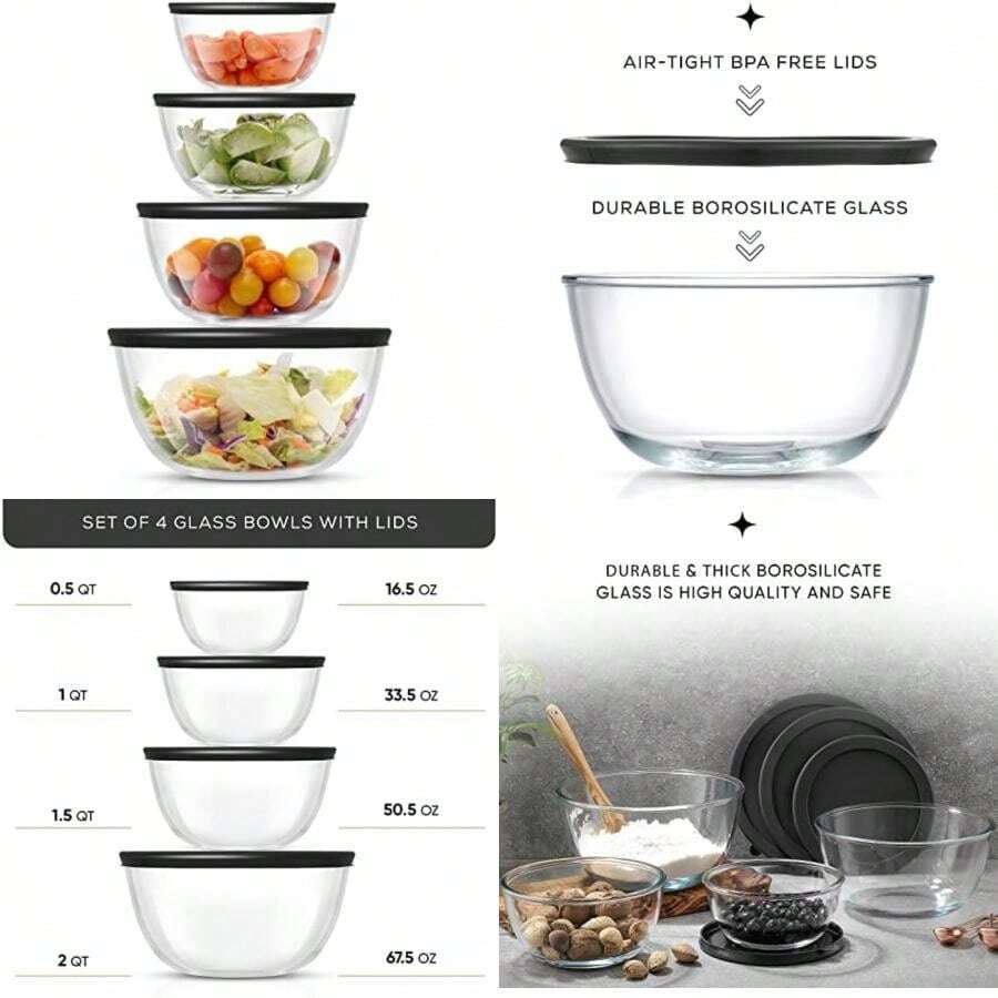 JoyJolt - Cuencos para mezclar de cocina, 8 piezas de vidrio con tapas ...