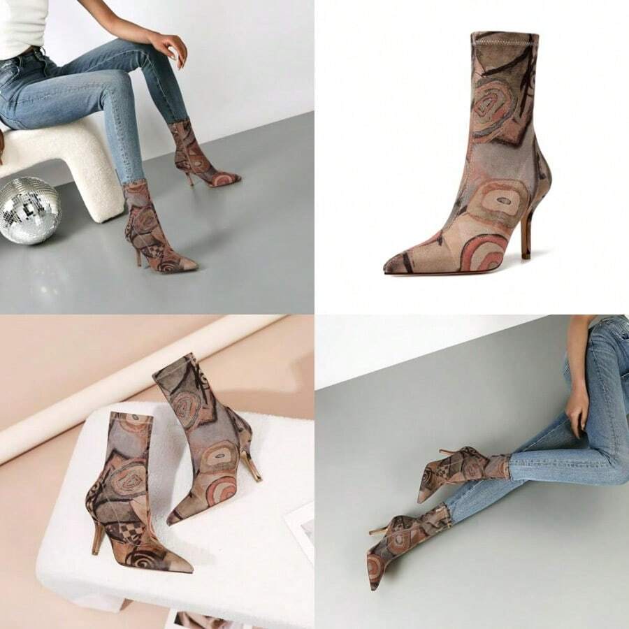 Women's Sexy Pointy Toe Stiletto Heels Ankle Boots Printed Stretchy ...