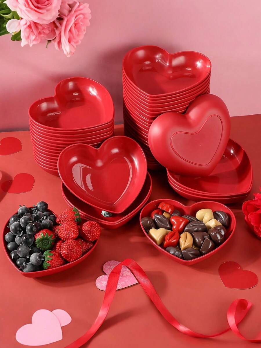 6pcs Valentine'S Day Plastic Heart-Shaped Serving Plate Set Red Love ...
