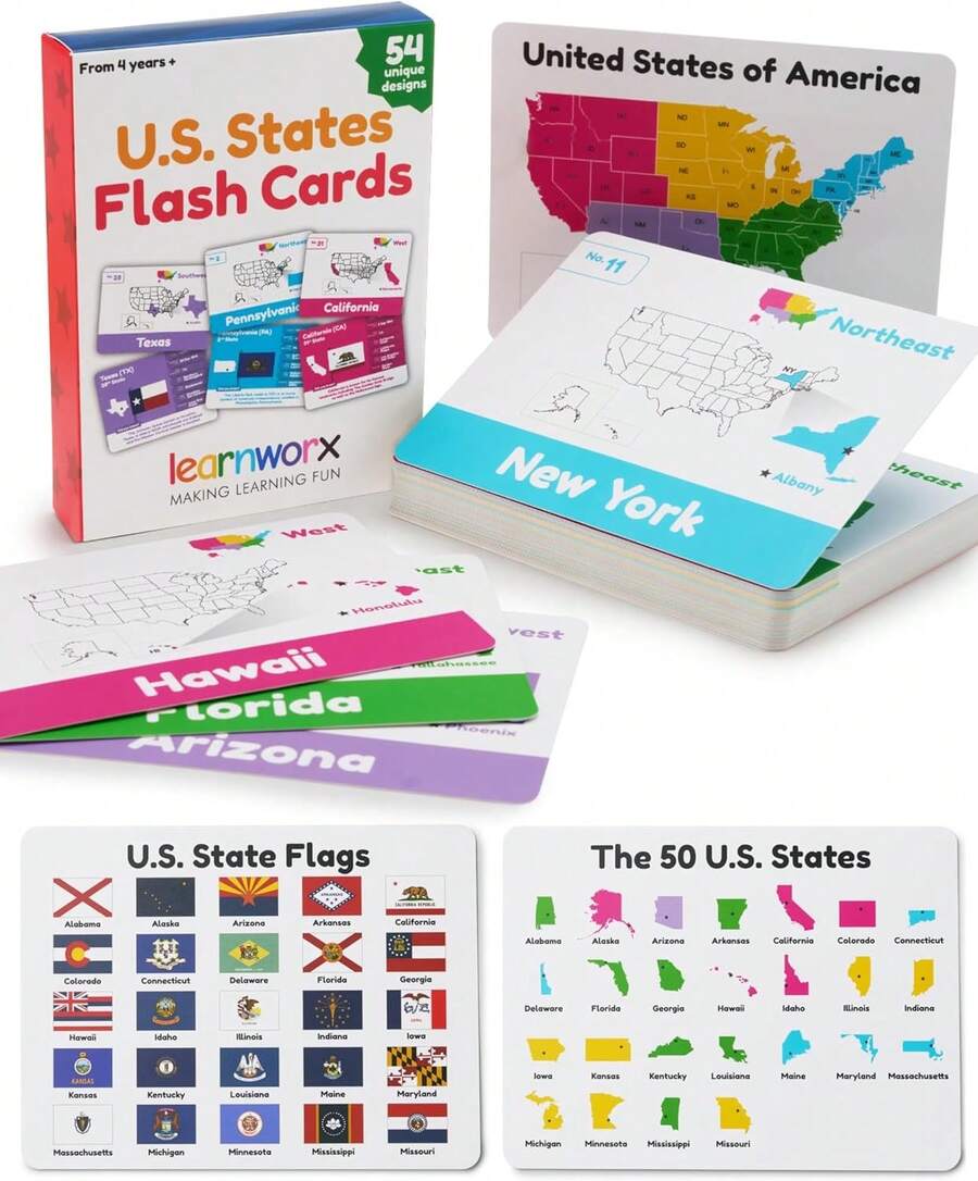 U.S. States Flash Cards Kids | 50 State Geography Cards With Capitals ...