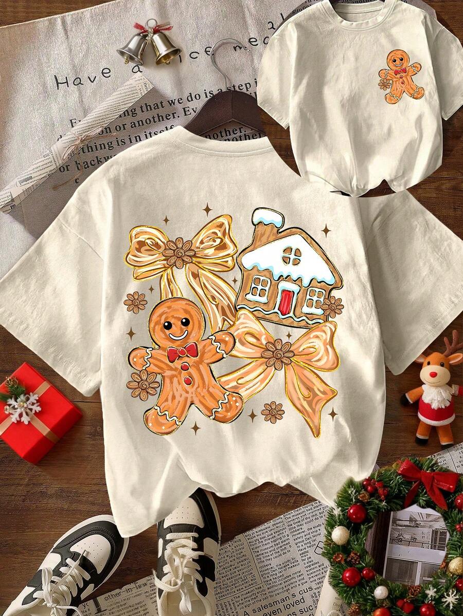 Cute Gingerbread Man Bow Graphic T-Shirt, Women's Casual Crew Neck ...