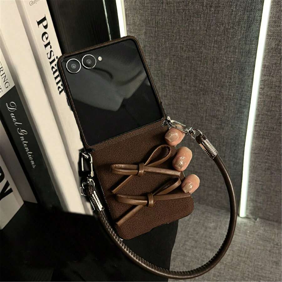 Korean Brown Moon Pit Pattern Bow Phone Case With Anti-Loss Leather ...