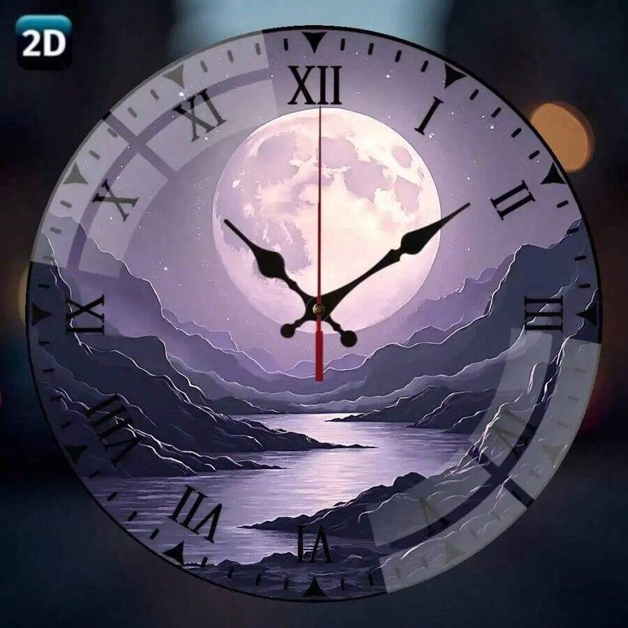 1 Silent No-Drip Modern Wall Clock - Elegant Purple Night Sky Full Moon ...