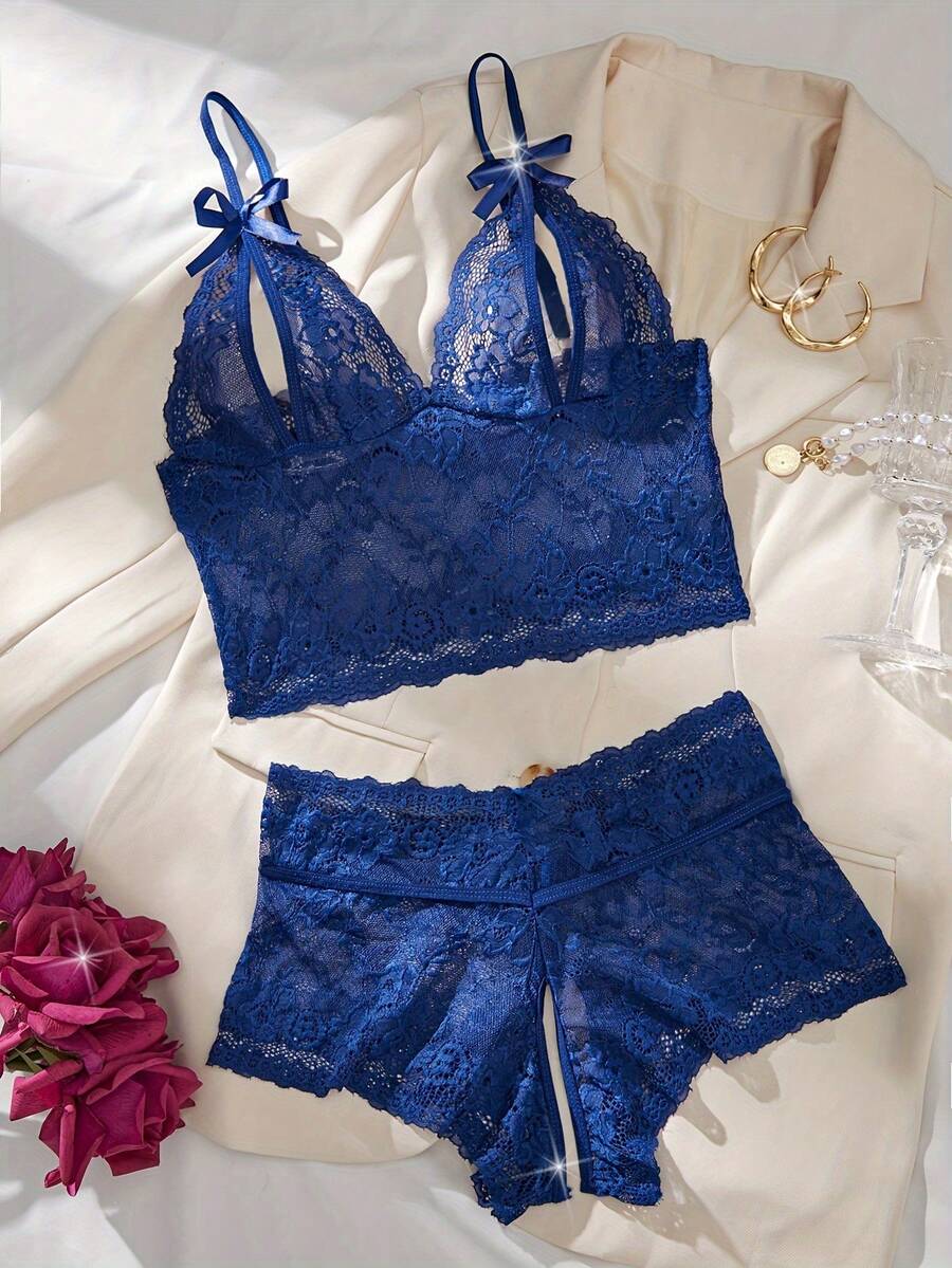 New Flower Lace Sexy Lingerie Set, Hollow Bow Bra Open Crotch Underwear ...