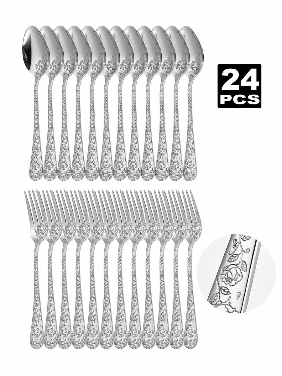 2/8/12/24pcs Stainless Steel Carved Flatware Set, Dessert Spoons ...