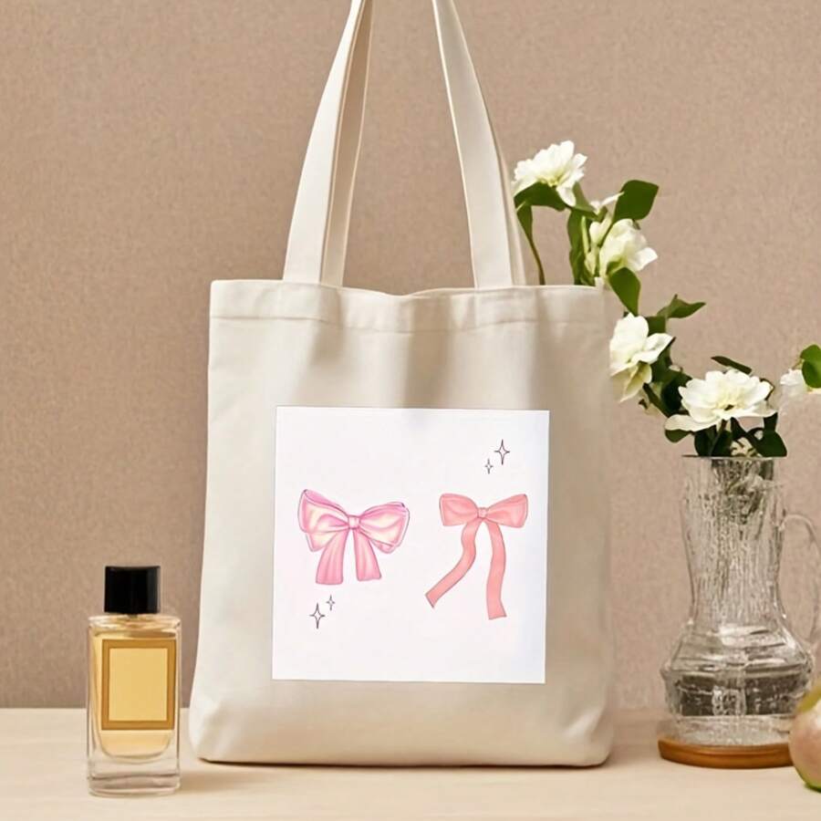1pc Canvas Tote Bag With Coquette Bow Print - Durable Foldable ...