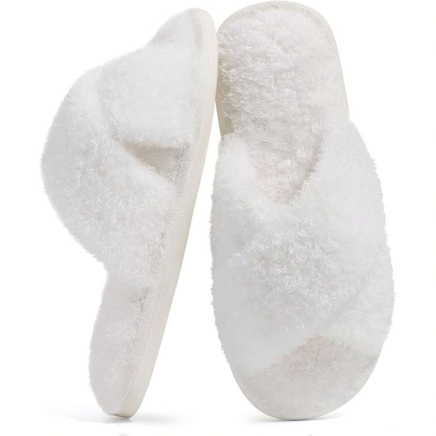 Women's Fuzzy Cross Band Memory Foam Open Toe House Slippers, 2025 ...