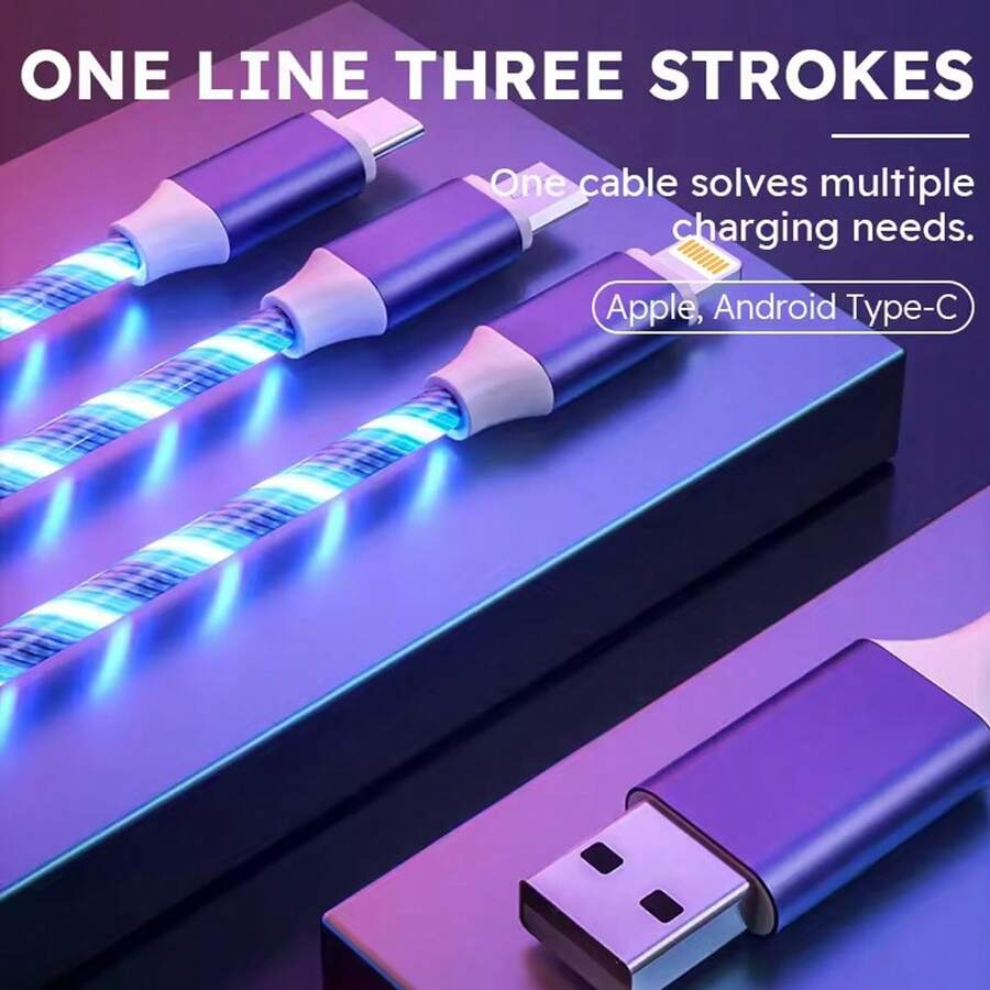 1pc 3-In-1 Fast Charging Data Cable With LED Light, 5A Fast Charge ...