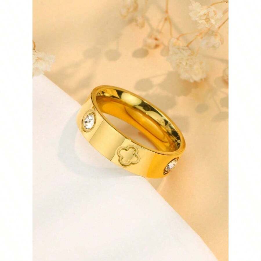 1pc Luxury Stainless Steel Lucky Clover Couple Ring Sparkling Crystal ...
