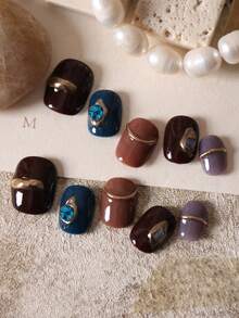 10pcs Press On Short Nail Fake Nails Temperament Brown Blue Golden Line ...