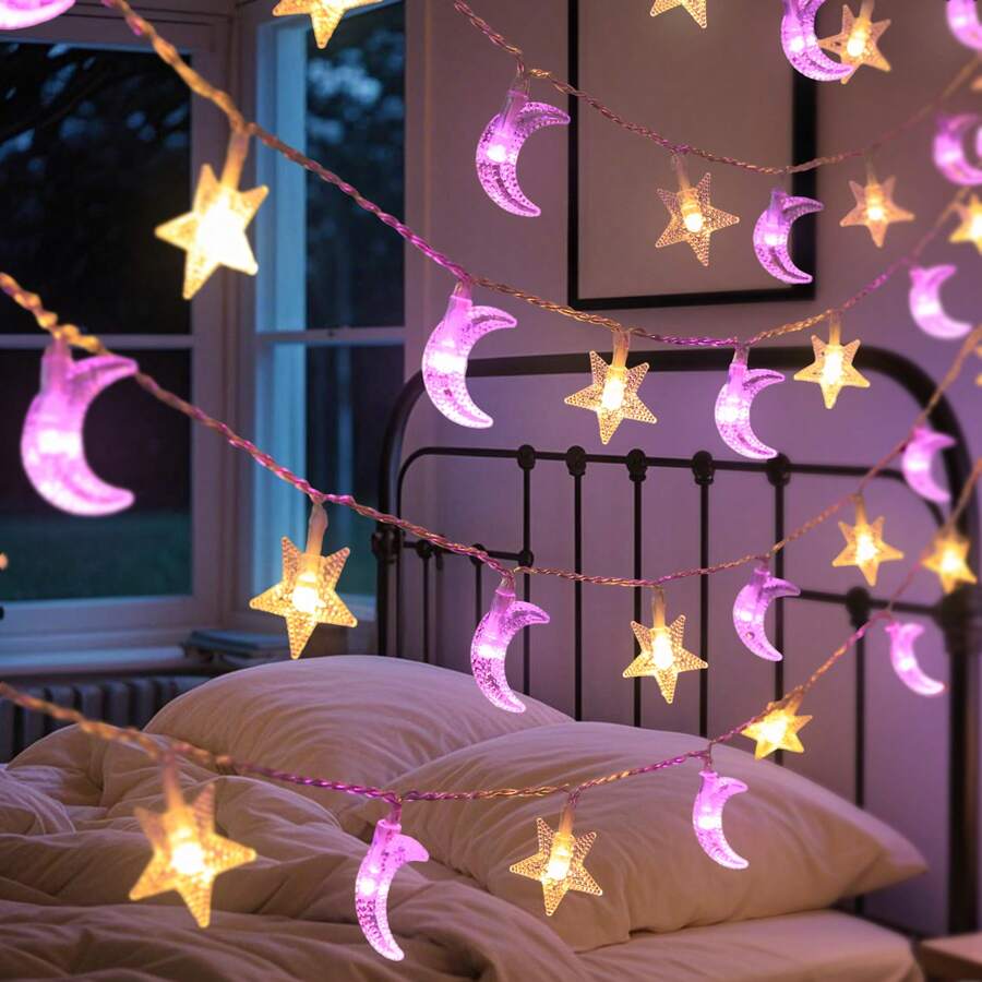 1 pezzo Luci a stringa decorative con stelle e lune, luci a batteria ...