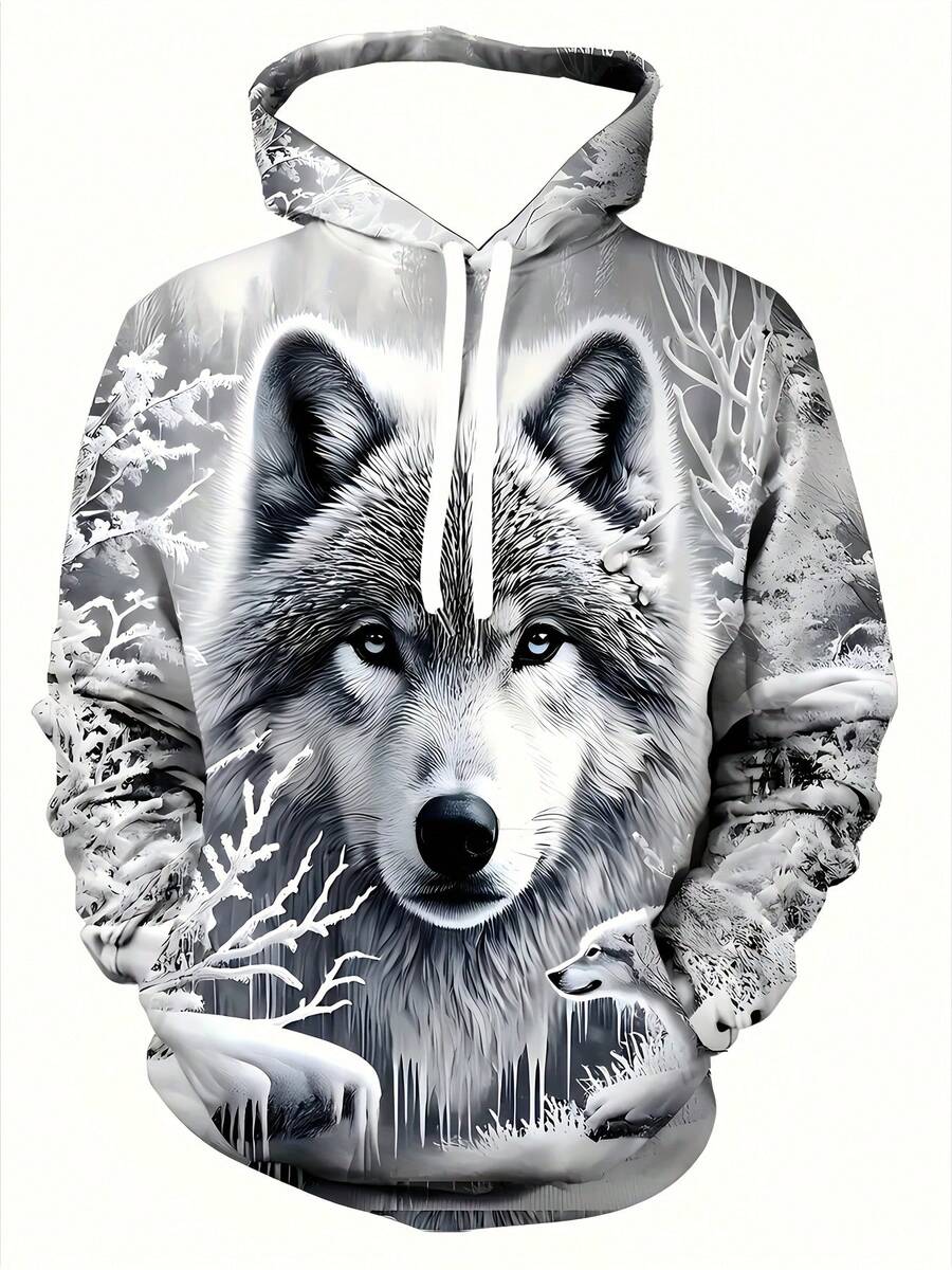 [Wolf Graphic Hoodie] Stretchy Men's Wolf Graphic Hoodie | Gray/White ...
